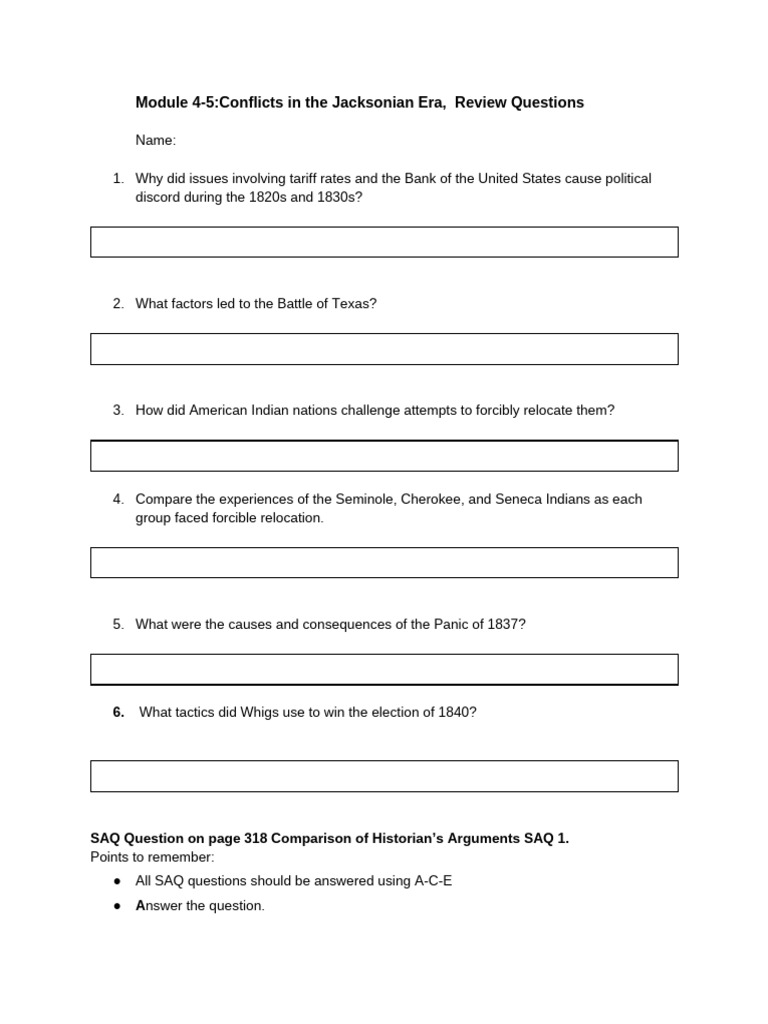 Module 4-5 - Conflicts in The Jacksonian Era, Review Questions | PDF