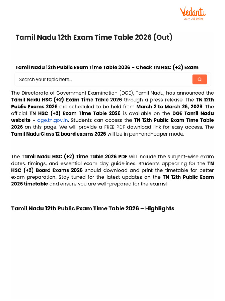 Tamil Nadu 12th Exam Time Table 2026 (Out) | PDF