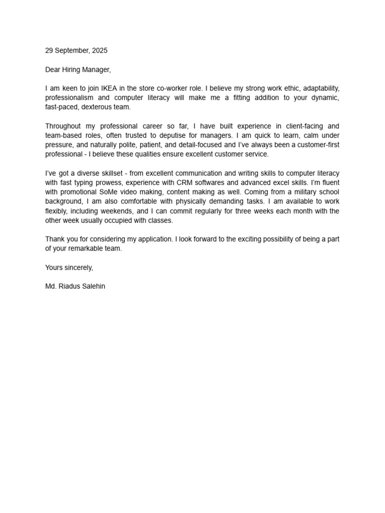 Cover Letter (IKEA - Store Coworker) | PDF
