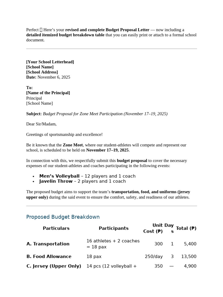 Budget Proposal for Zone Meet 2025 | PDF