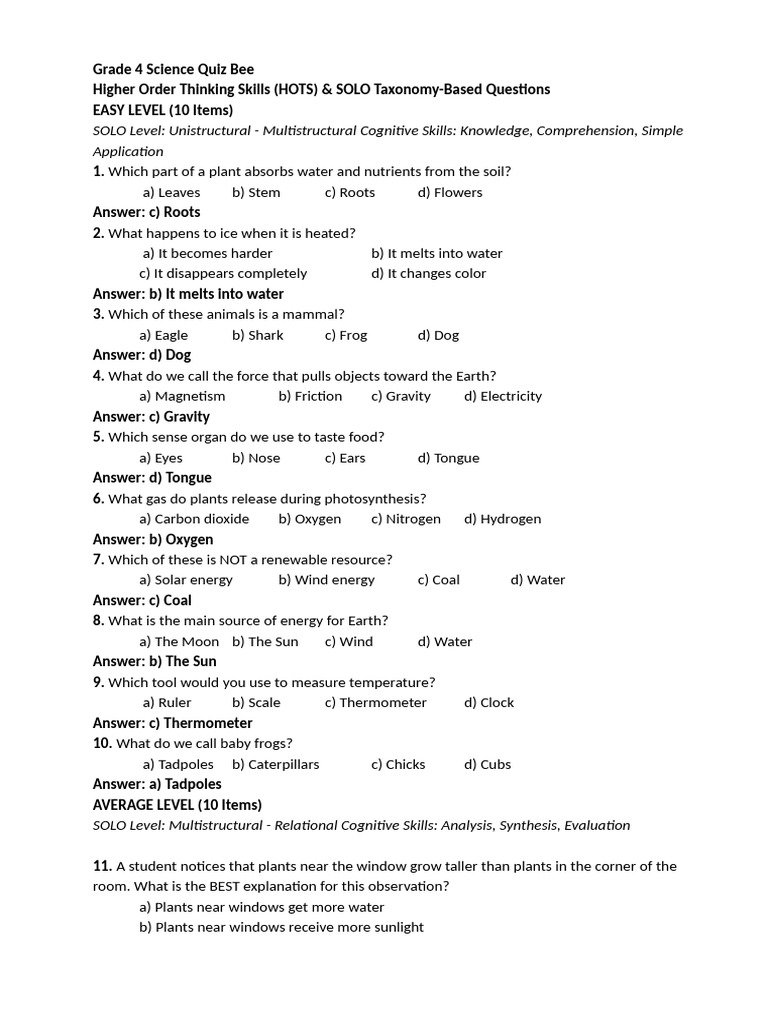 Grade 4 Science Quiz Bee Questions | PDF | Ecosystem | Water