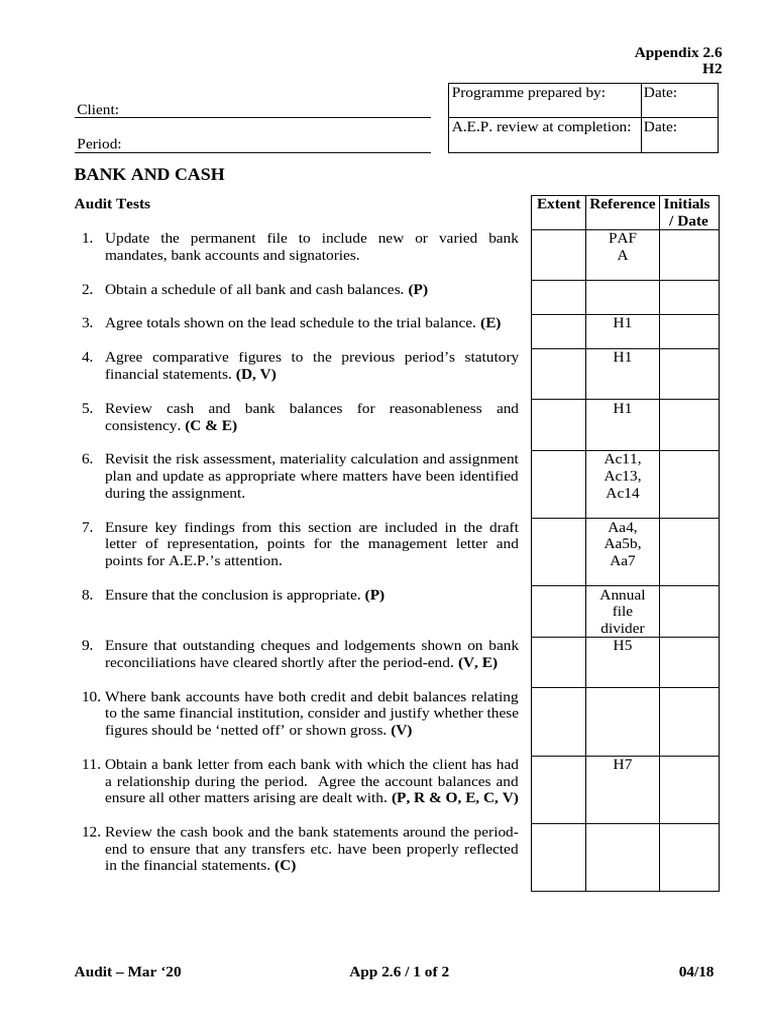 2.6 H2 Bank and Cash Audit Programme | PDF | Banks | Audit
