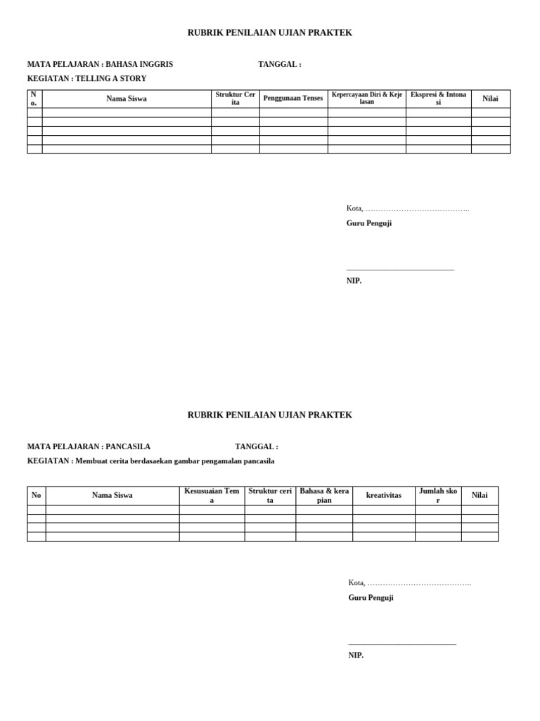 Rubrik Penilaian Ujian Praktek (1) | PDF