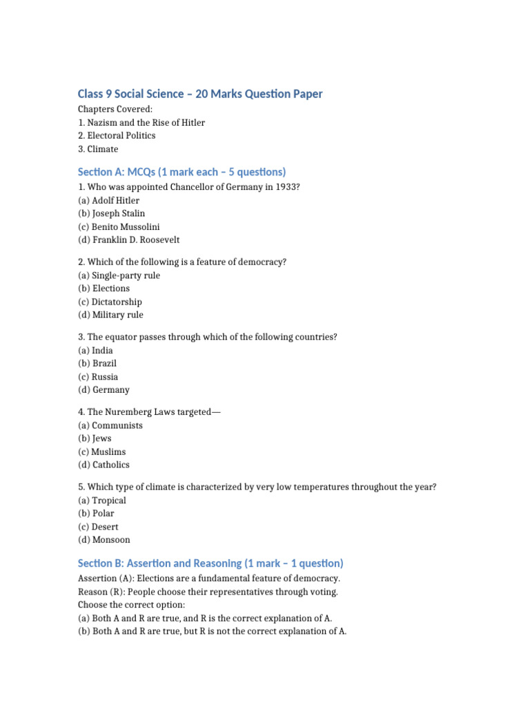 Class 9 Social Science Exam Paper | PDF