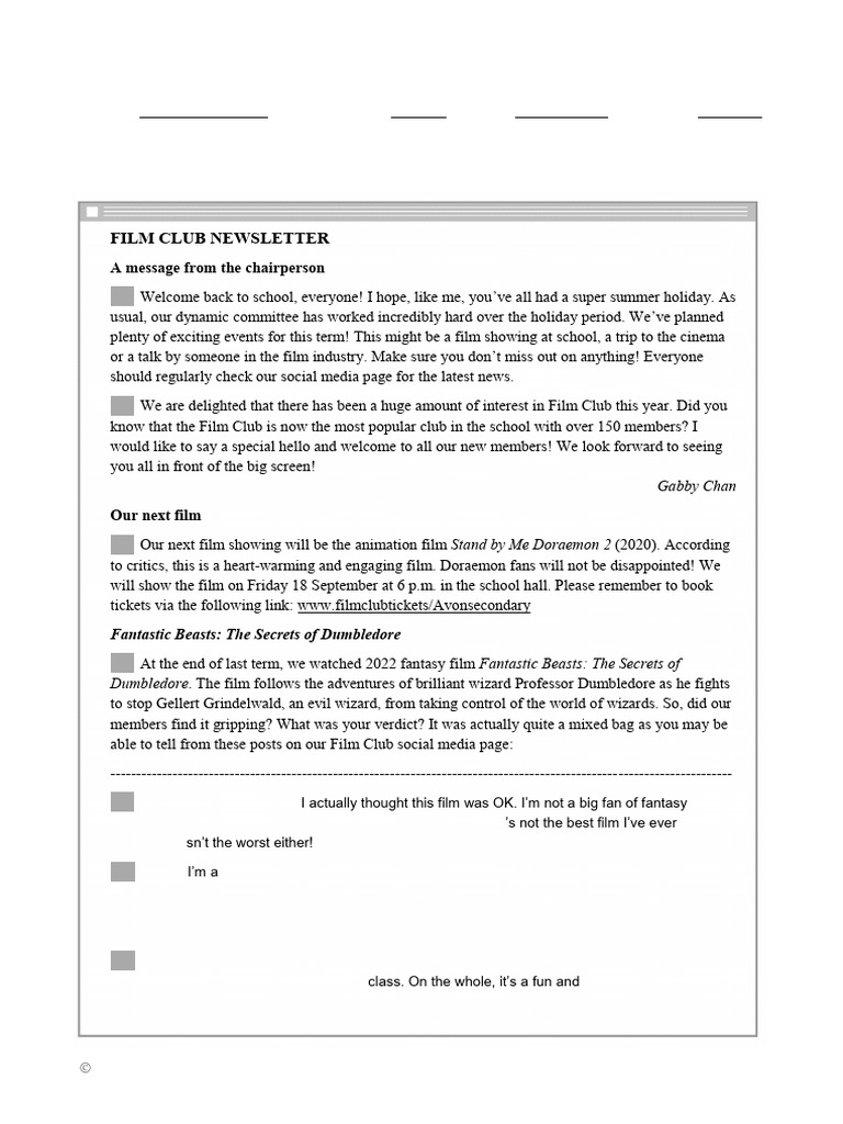 Film Club Newsletter and Unit Test | PDF