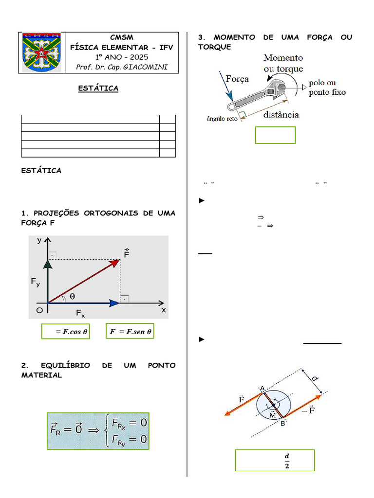 Estática - Resumo e Exercícios | PDF | Torque | Massa