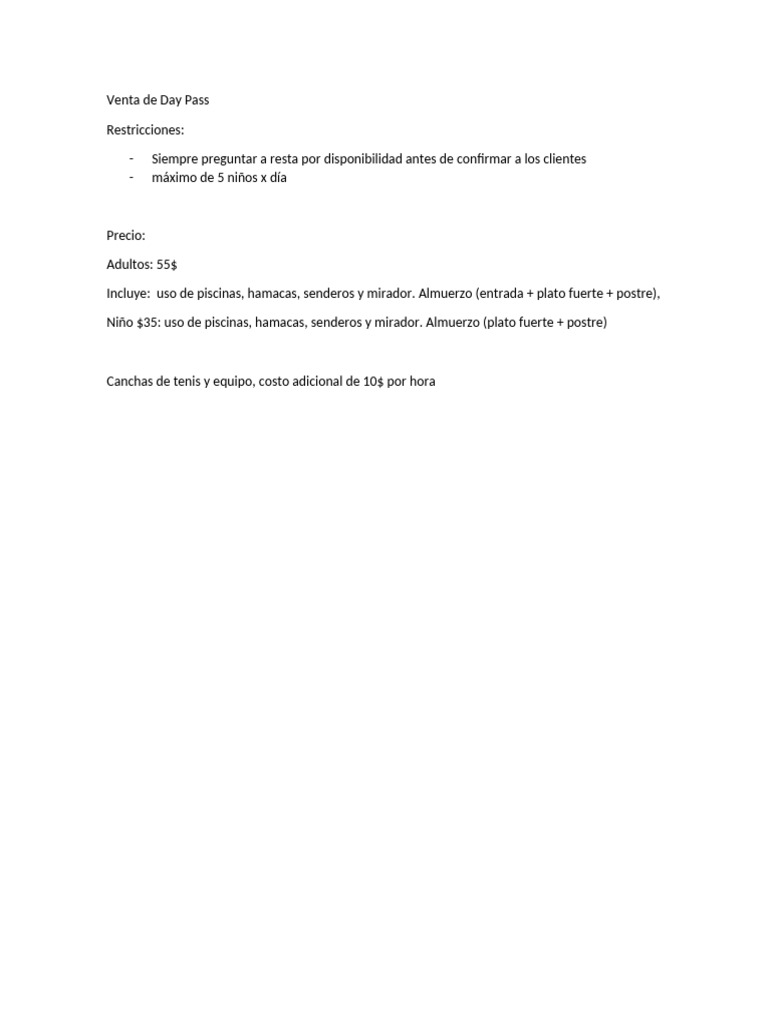 Day Pass: Precios y Restricciones | PDF