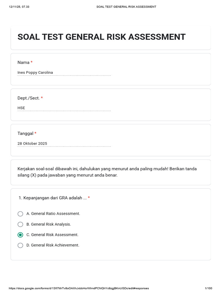 Soal Test General Risk Assessment (GRA) - Google Formulir | PDF