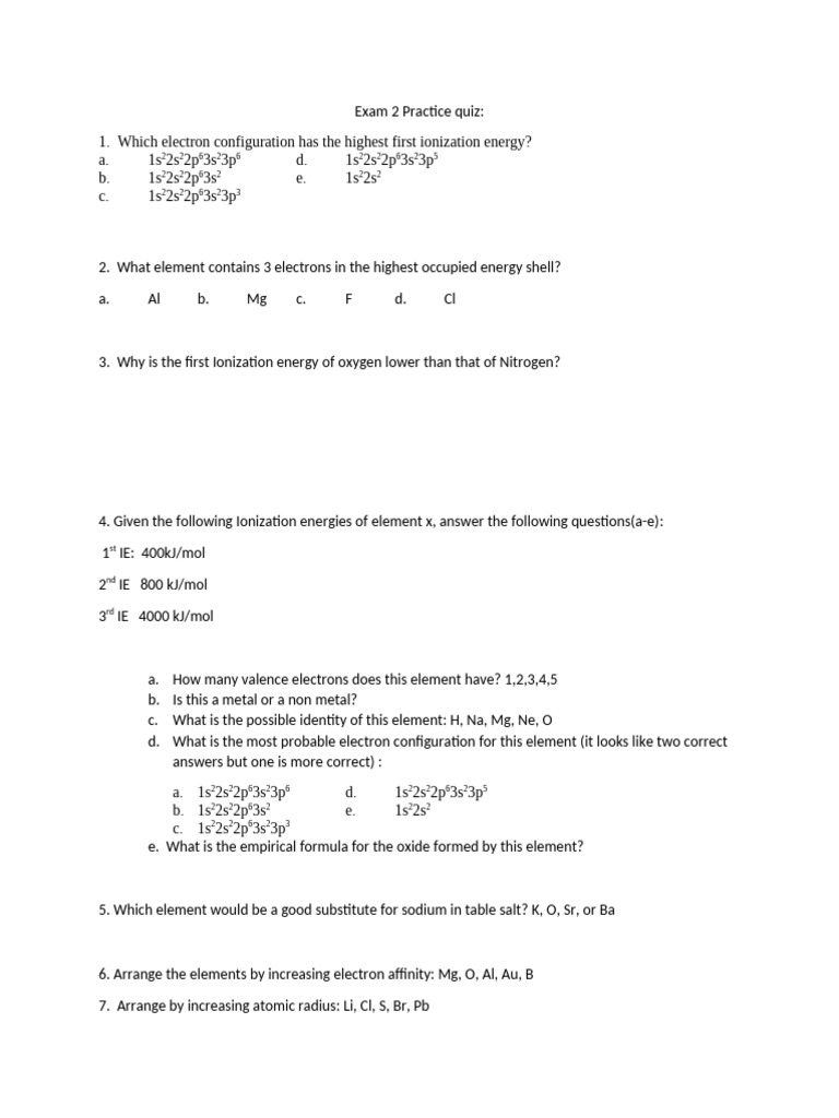Exam 2 Ionization Energy and Electron Configurations Quiz | PDF