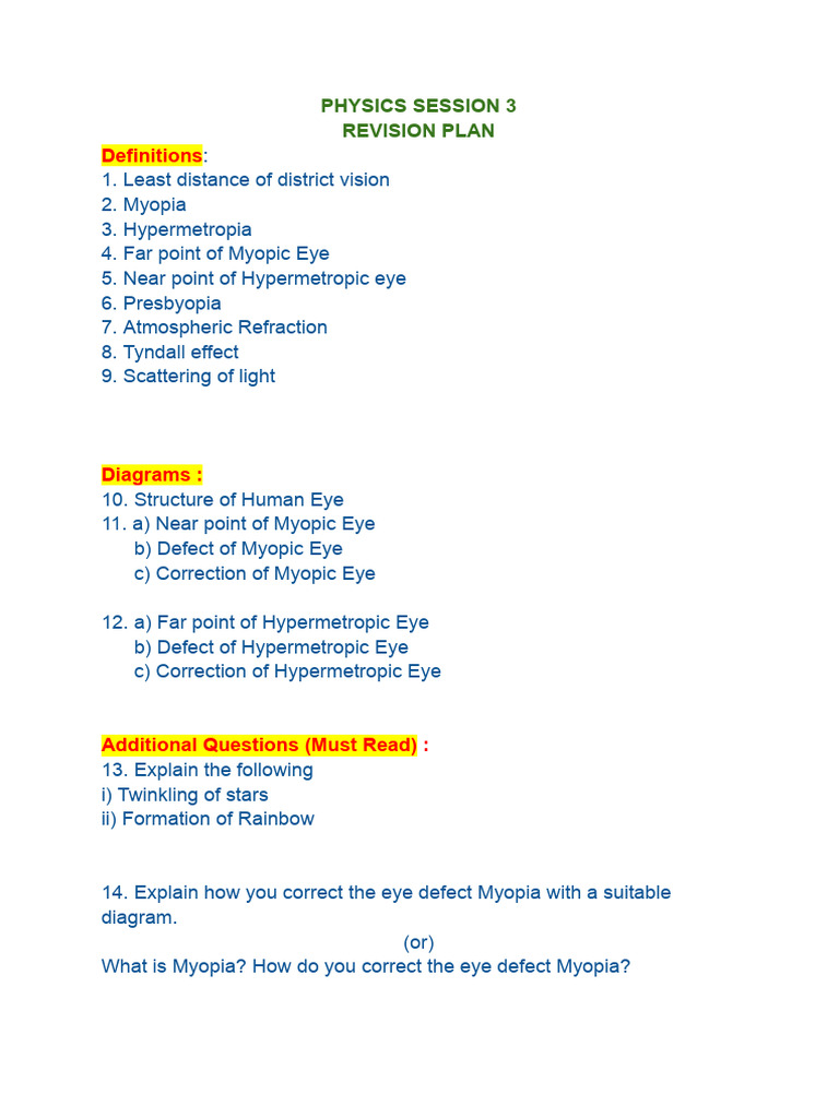 Human Eye and Colourful World - PS Session 3 Revision Plan 25-26 | PDF ...