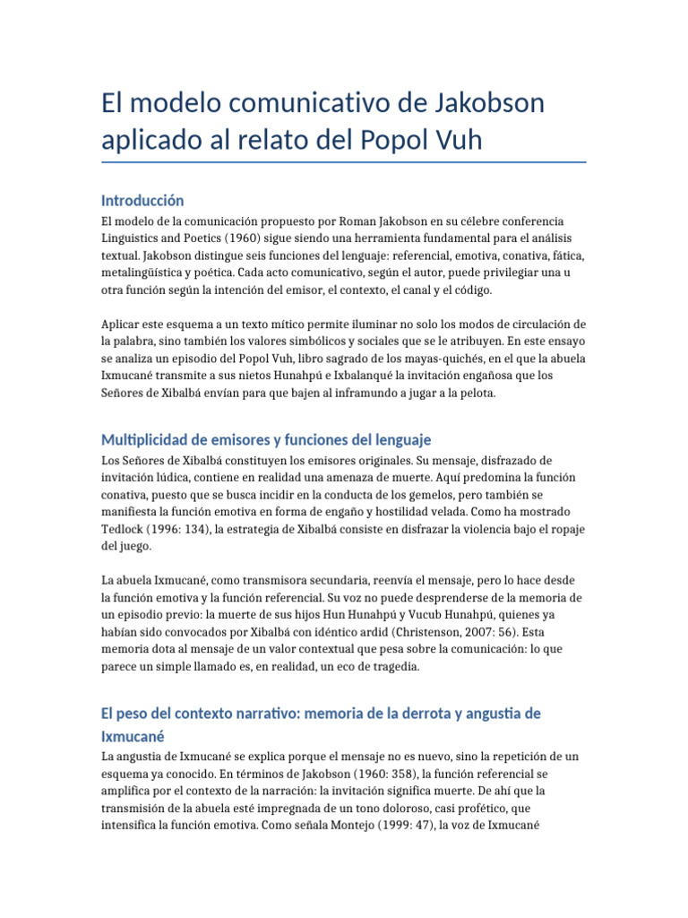 Jakobson y el Popol Vuh: Análisis Comunicativo | PDF | Comunicación ...