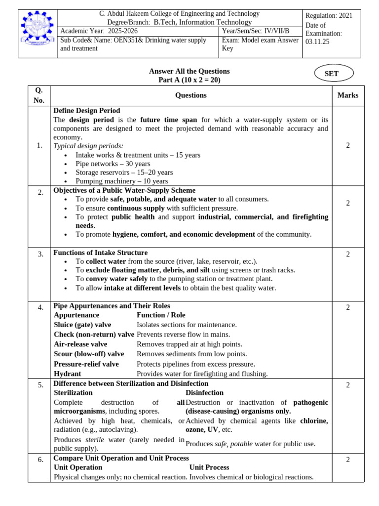 OEN351 Model Exam Answer Key - II | PDF | Water Purification | Filtration