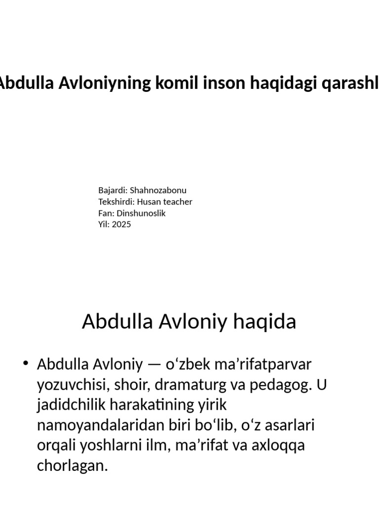 Avloniy Komil Inson Dinshunoslik | PDF