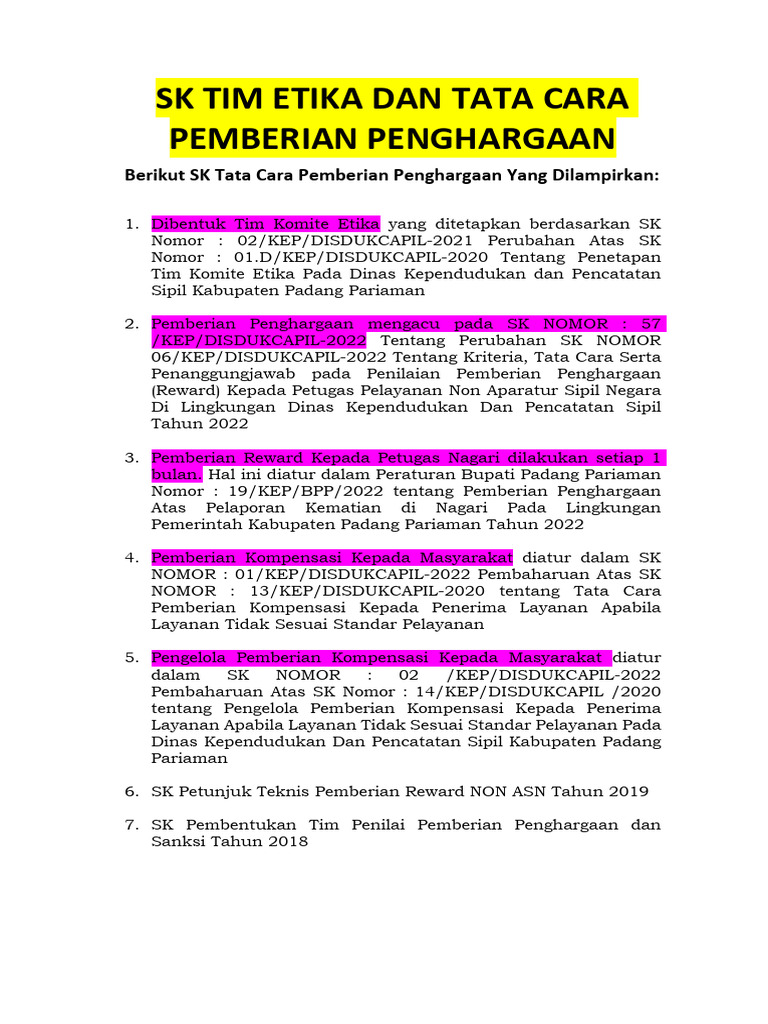 SK Tentang Tim Etika Dan Tata Cara Pemberian Penghargaan | PDF