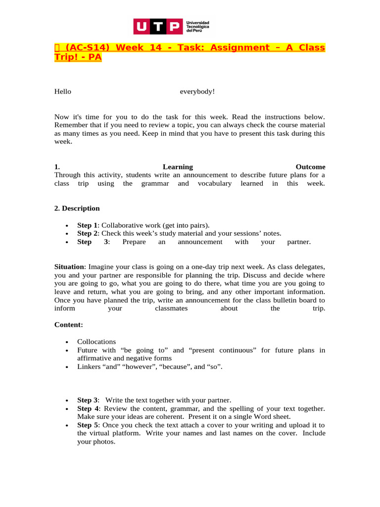 ? (AC-S14) Week 14 - Task Assignment – A Class Trip! - PA - INGLES 4 | PDF | Refresco ...