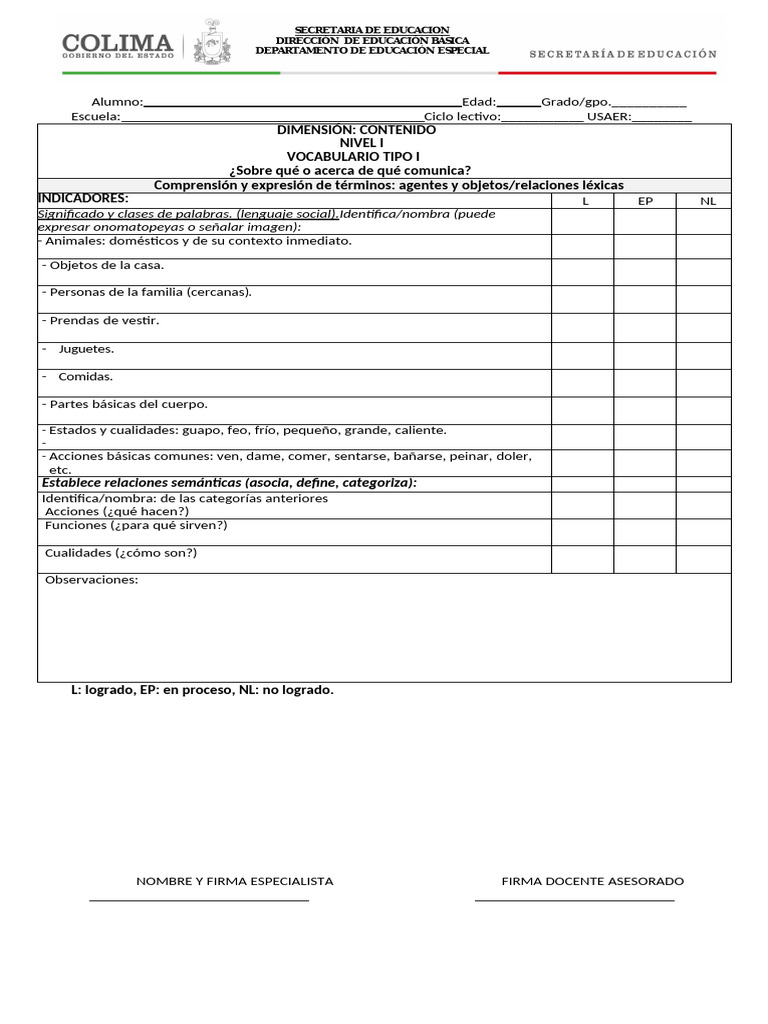 Nivel 1 Contenido Vocabulario | PDF