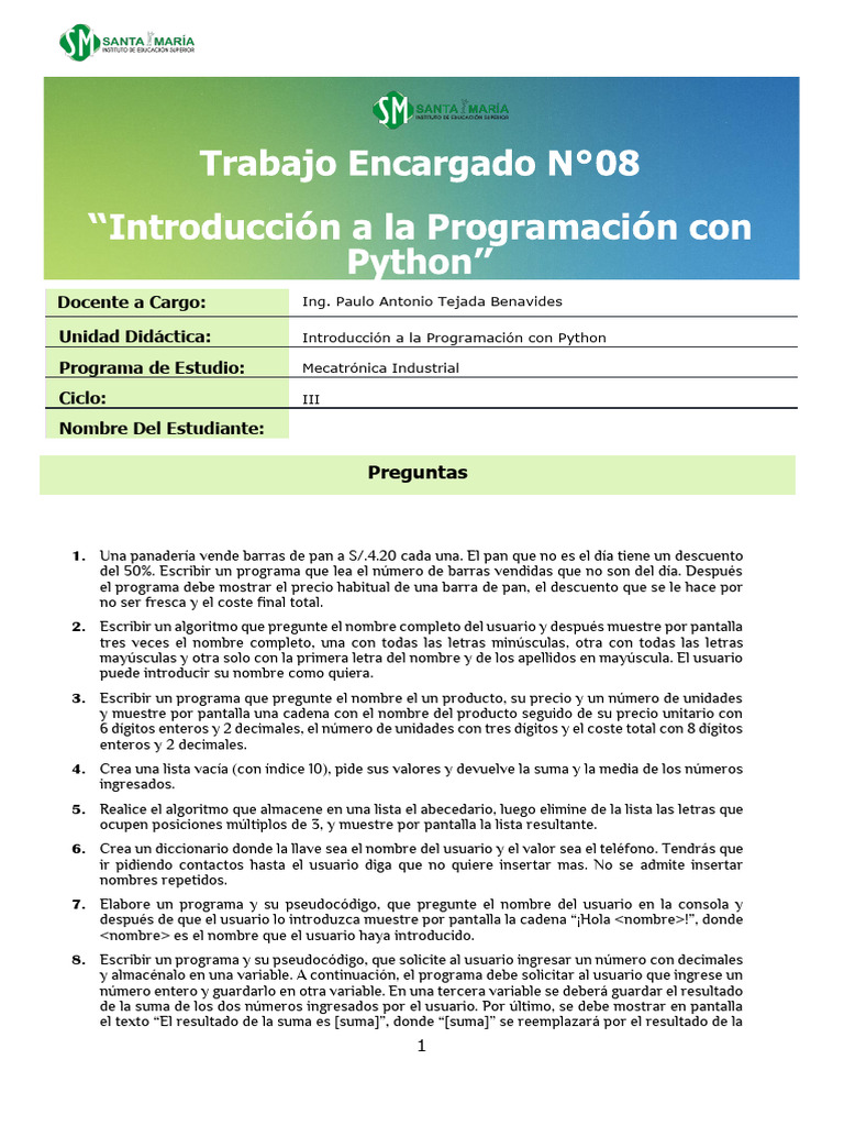 Te06 - Ejercicios Propuestos de Programación Con Python | PDF | Python (lenguaje de programación ...