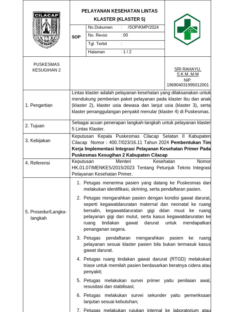 SOP Pelayanan Kesehatan Lintas Klaster | PDF