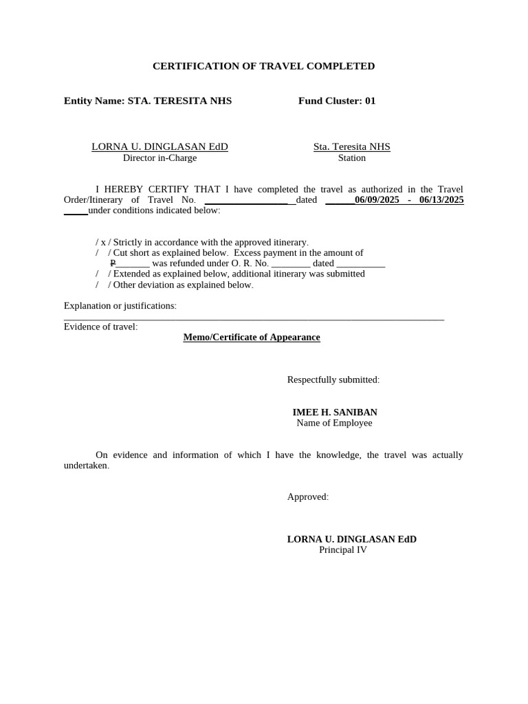 Certification of Travel Completed | PDF
