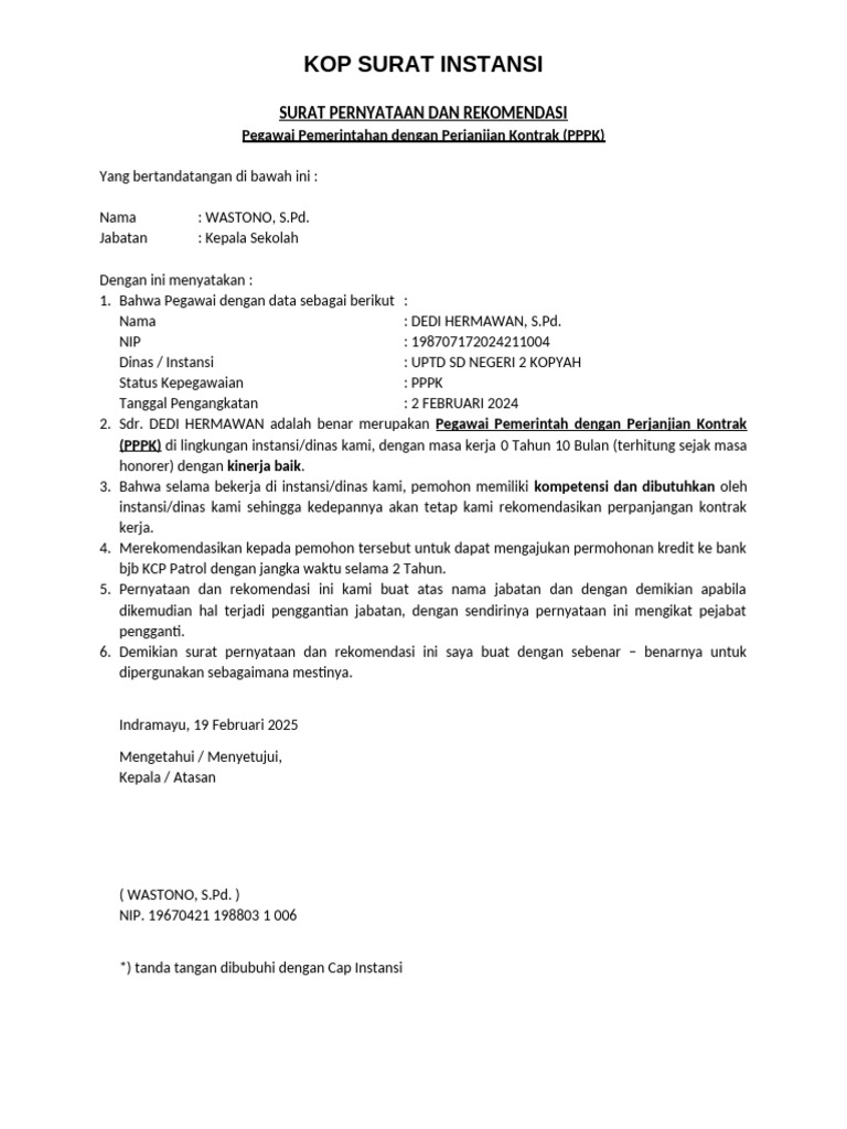 Surat Rekomendasi PPPK Dedi Hermawan | PDF