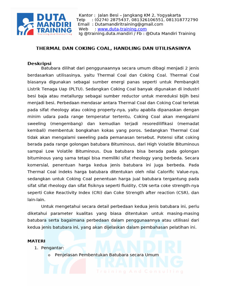 Thermal Dan Coking Coal, Handling Dan Utilisasinya | PDF