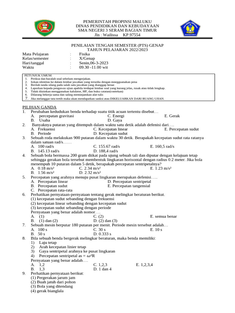 Soal Pts Fisika Kelas x Genap | PDF