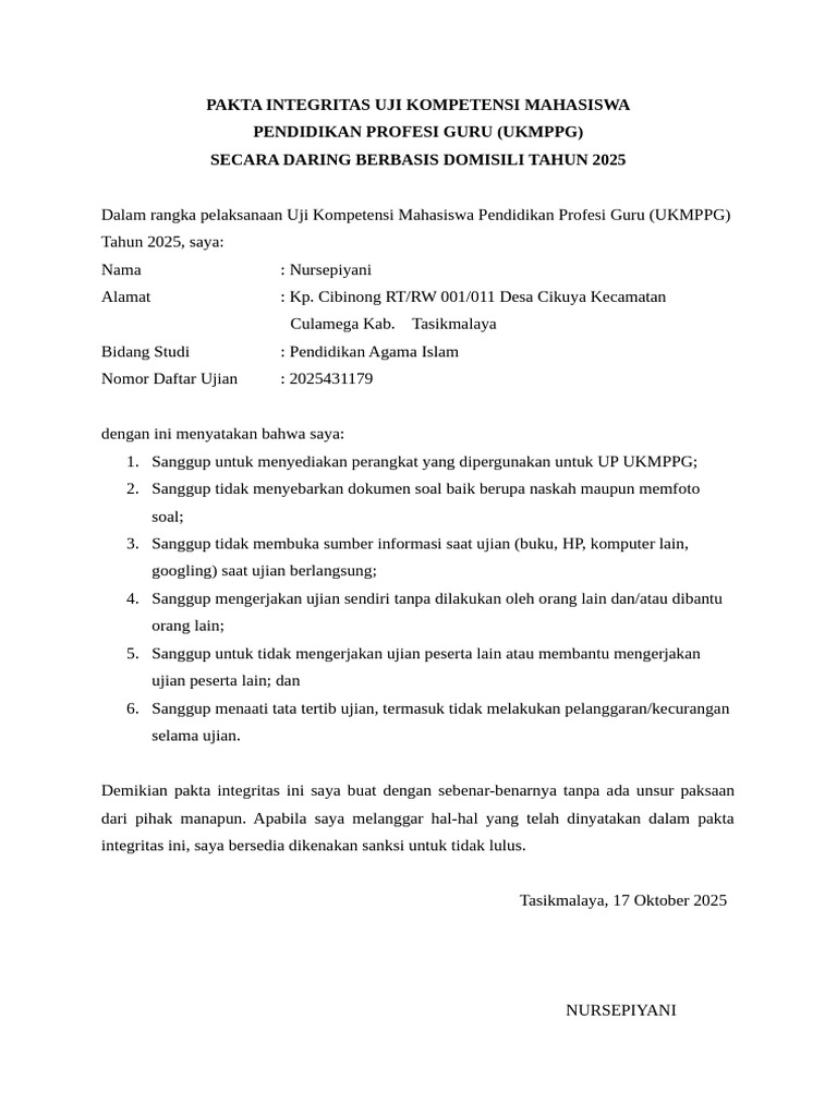 Pakta Integritas Uji Kompetensi Mahasiswa 2025 | PDF