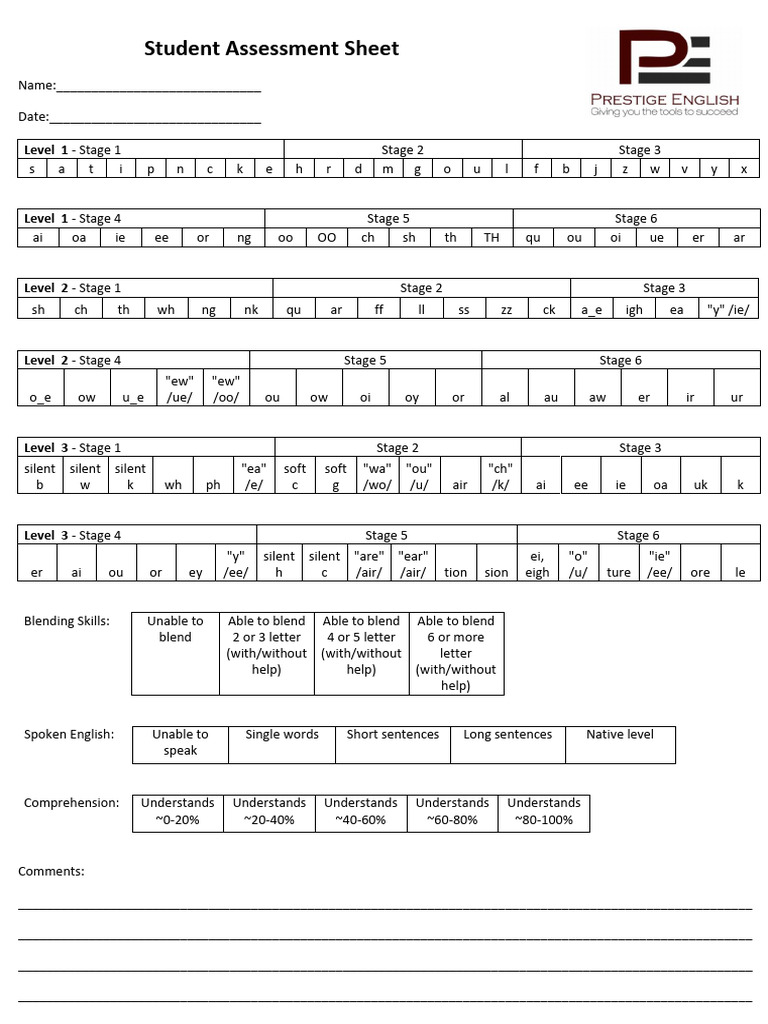 Student Assessment Sheet: Level 1 | PDF