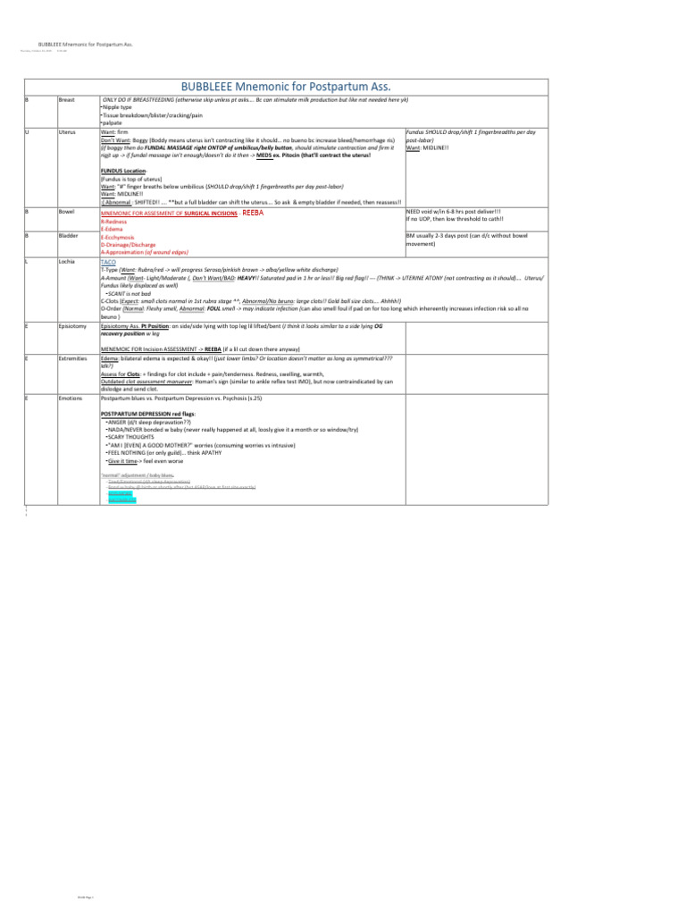BUBBLEEE Mnemonic For Postpartum Ass (10.23 Postpartum Slide 1-25ish ...