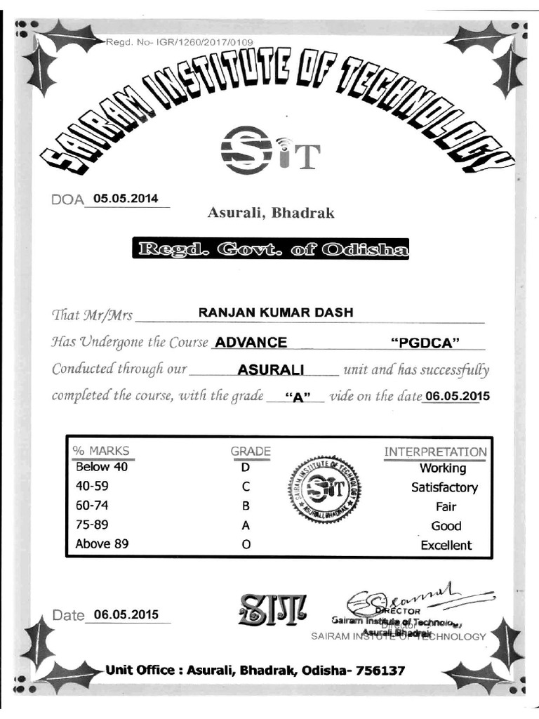 Ranjan Dash PGDCA Certificate | PDF