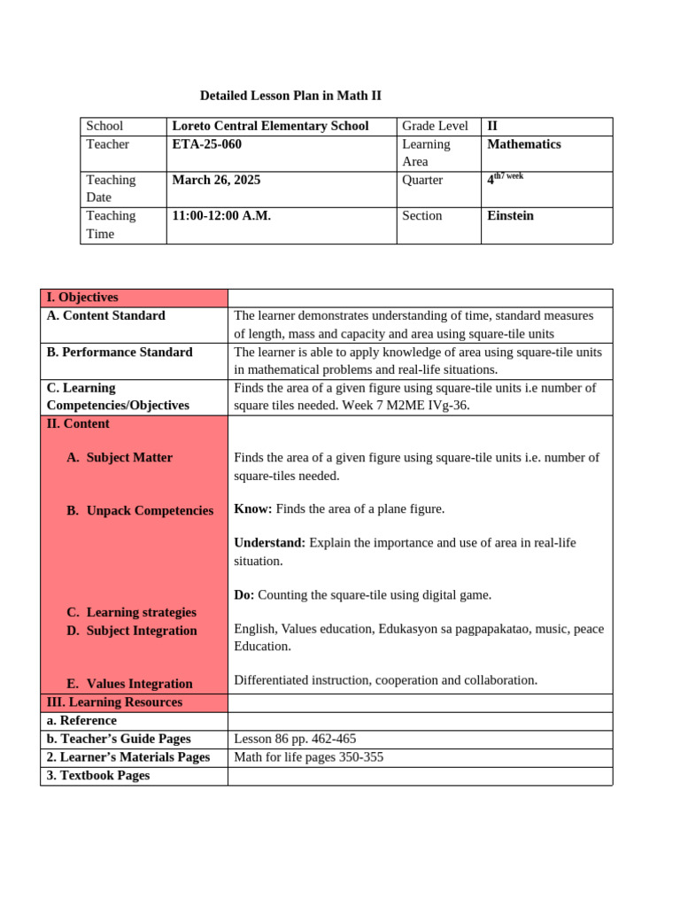 Math II Lesson Plan: Area Using Tiles | PDF | Rectangle | Area