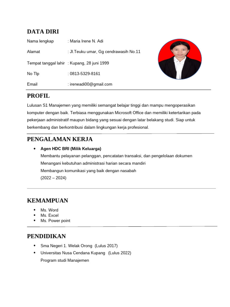 CV Maria Irene Adi | PDF