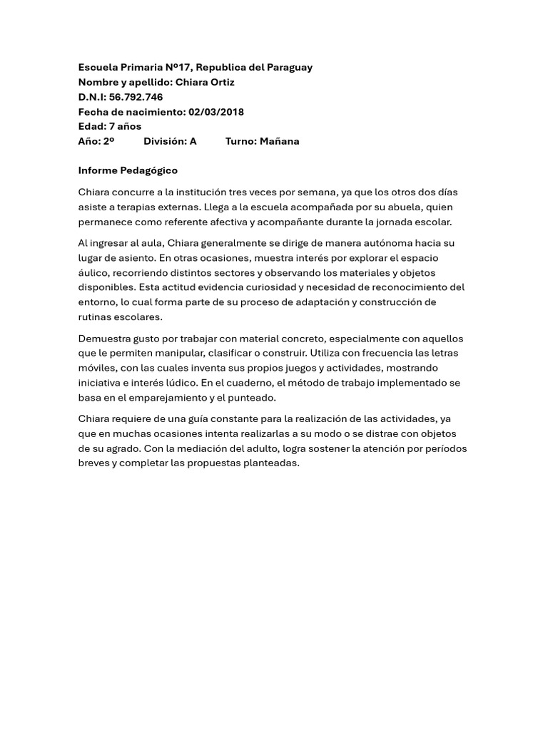 Informe Pedagógico de Chiara Ortiz | PDF
