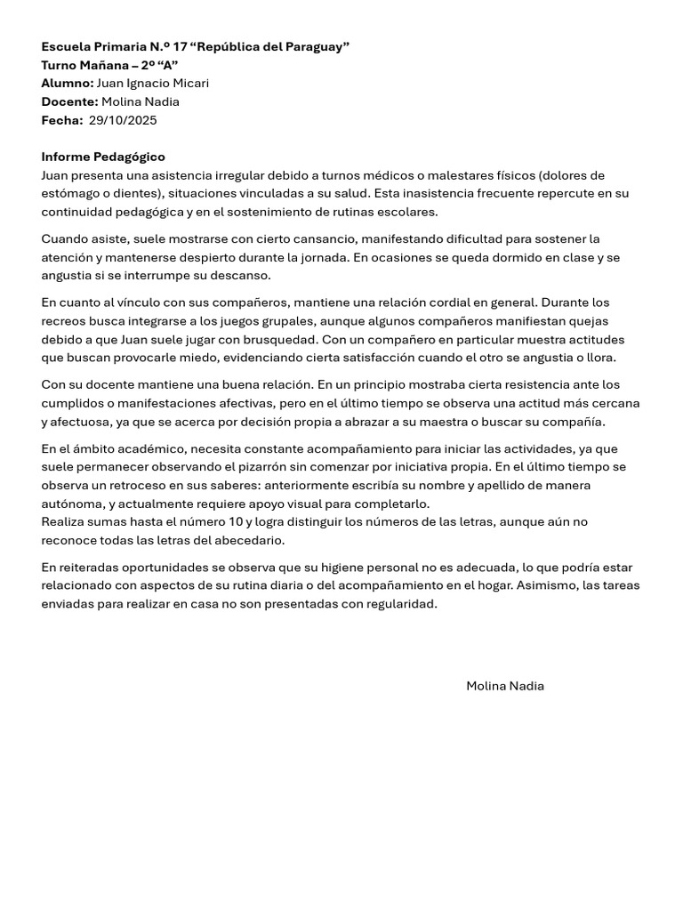 Informe sobre el rendimiento de Juan Micari | PDF