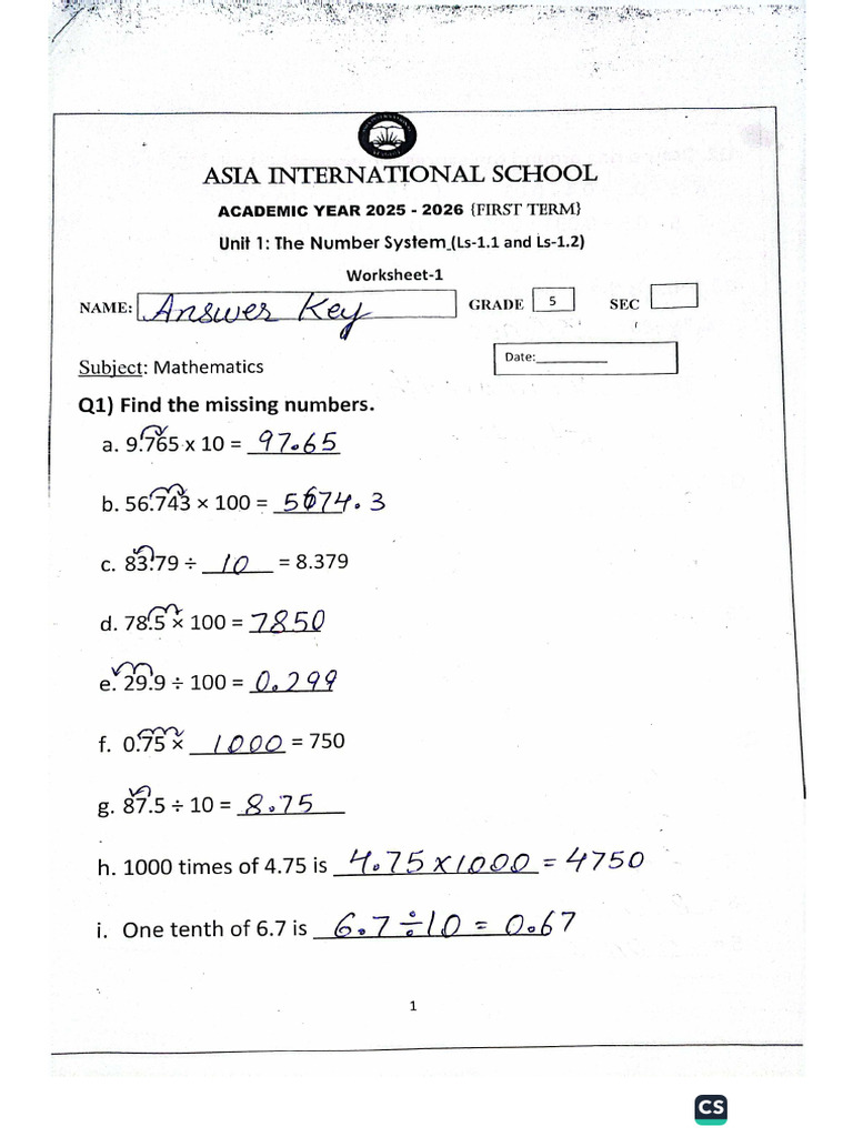 Math Ws-1 U-1 Answer Key Grade 5 | PDF