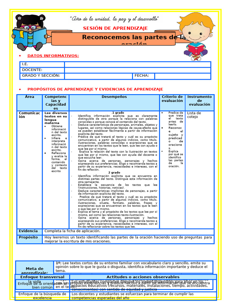 Sesión de Aprendizaje Reconocemos Las Partes de La Oracion 2 | PDF ...