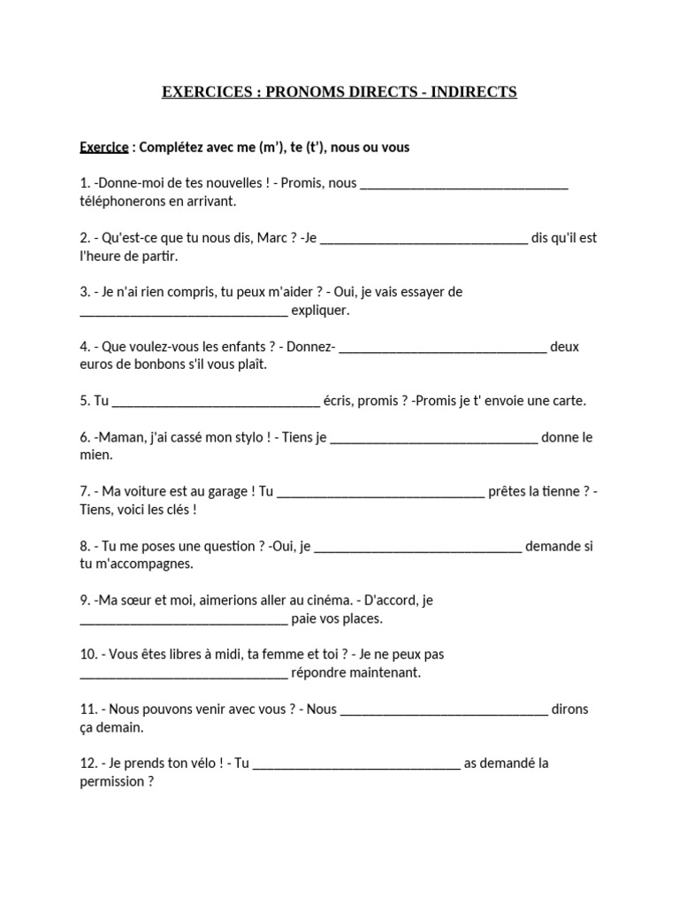 Exercices sur les pronoms en français | PDF