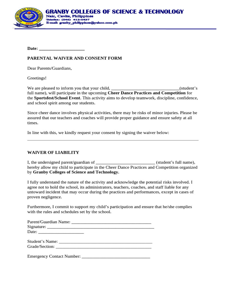 Cheer Dance Parental Consent Form | PDF