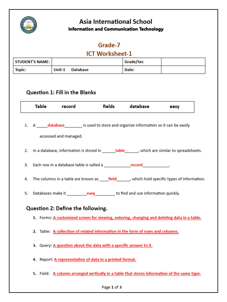 Unit-1 Database Grade 7 Ans Key Yay | PDF | Databases | Table (Database)