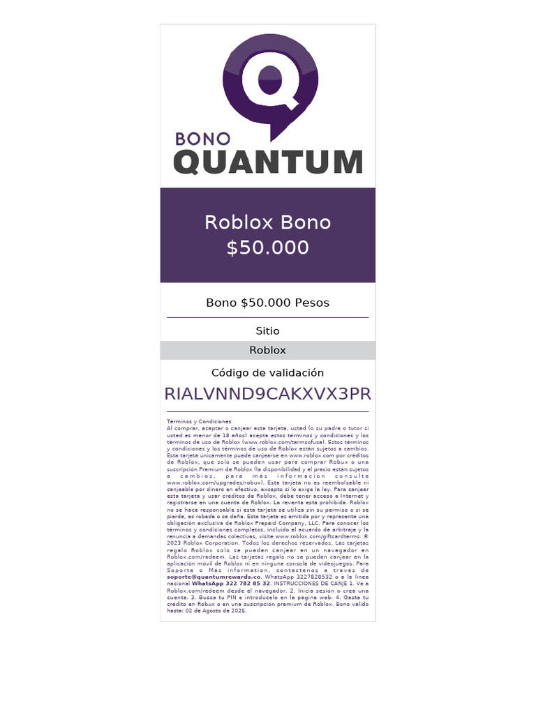 Boleta Quantum-Roblox Bono 50000 | PDF