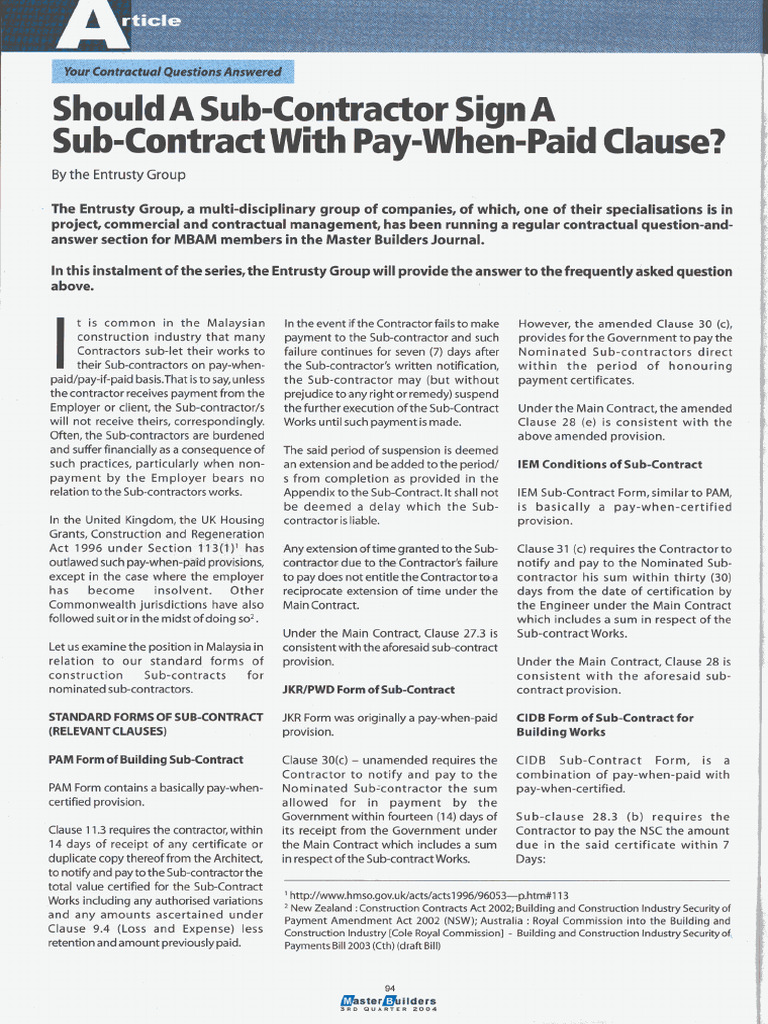 2004 Should a Sub-contractor Sign a Sub-contract With Pay When Paid ...