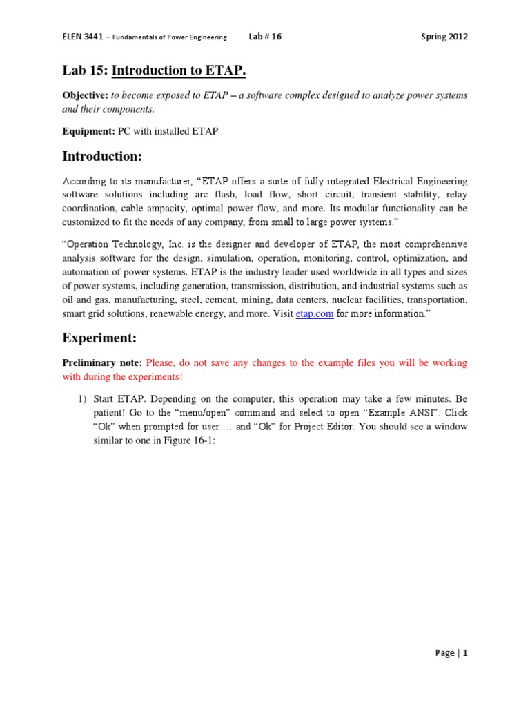 ETAP Lab: Introduction to Power System Software | PDF | Electric Power System | Electrical ...