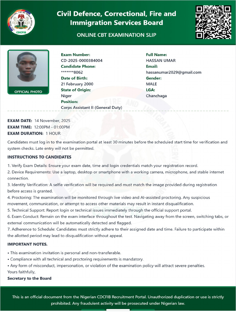 HASSAN UMAR Application Slip | PDF