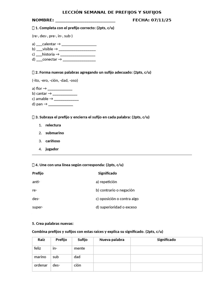 Prefijos y Sufijos: Ejercicios Prácticos | PDF