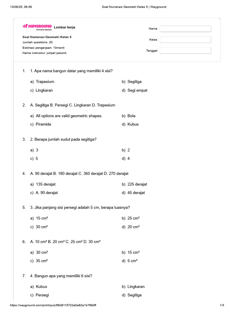 Soal Geometri Kelas 5 untuk Siswa | PDF