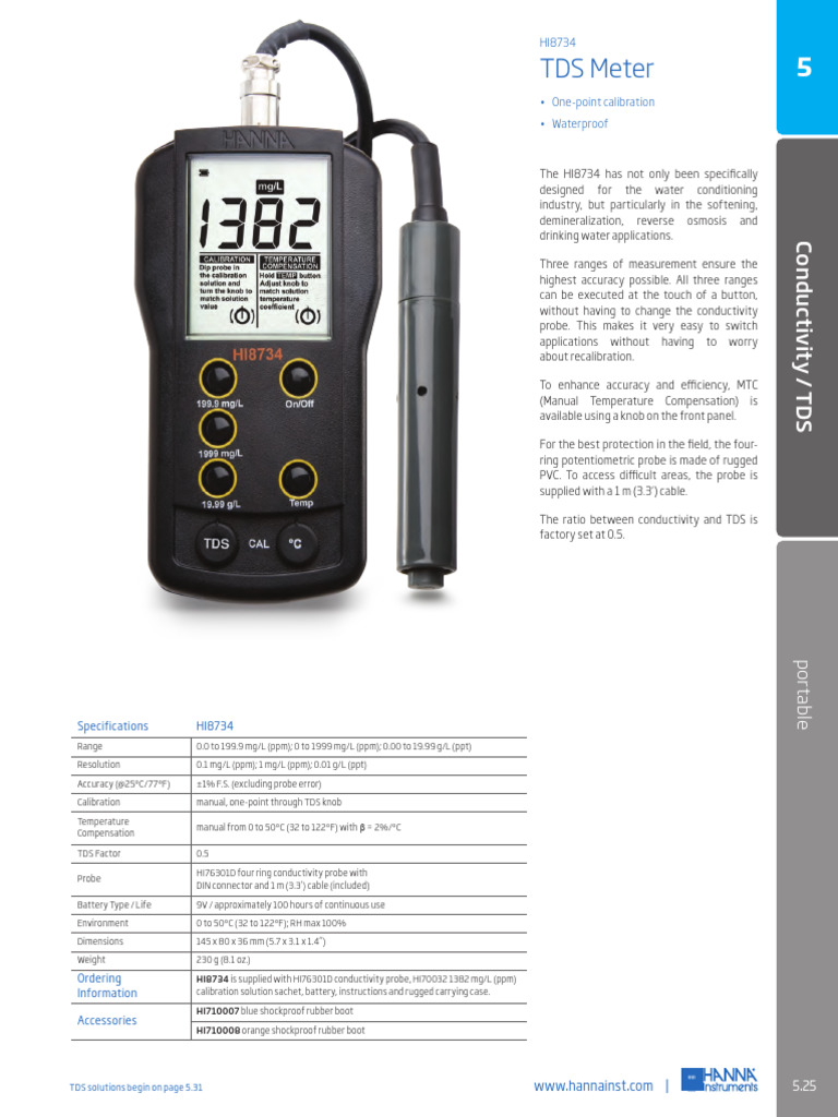HI8734 Waterproof TDS Meter Overview | PDF | Parts Per Notation