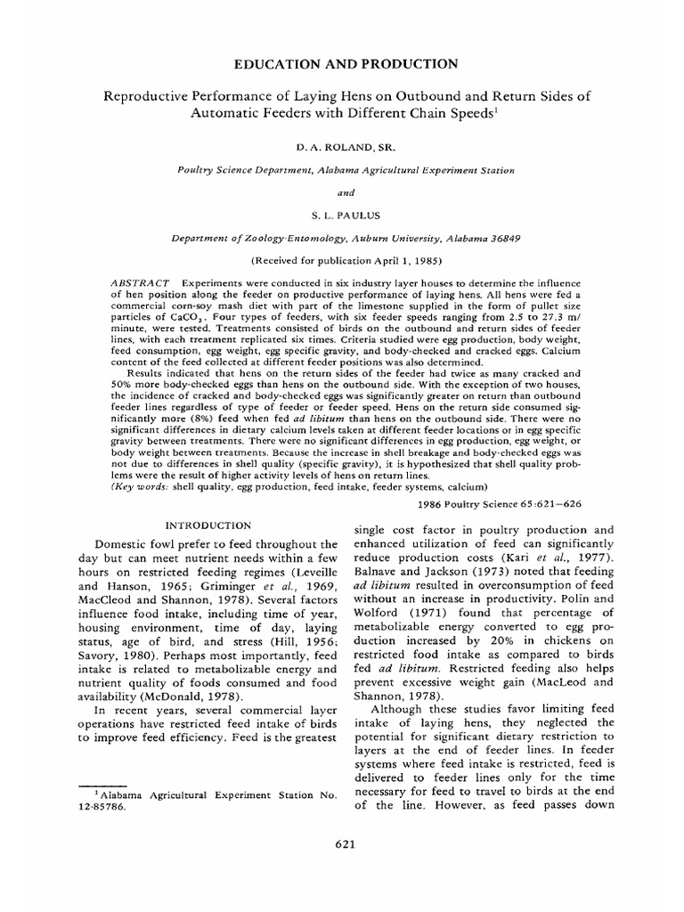 Reproductive Performance of Laying Hens On Outbound and Return Sides of ...