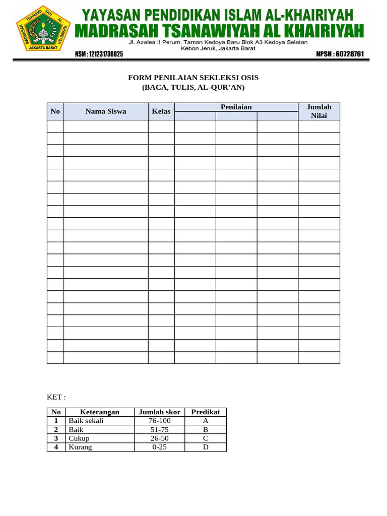 Form Penilaian Sekleksi Osis 2025 | PDF