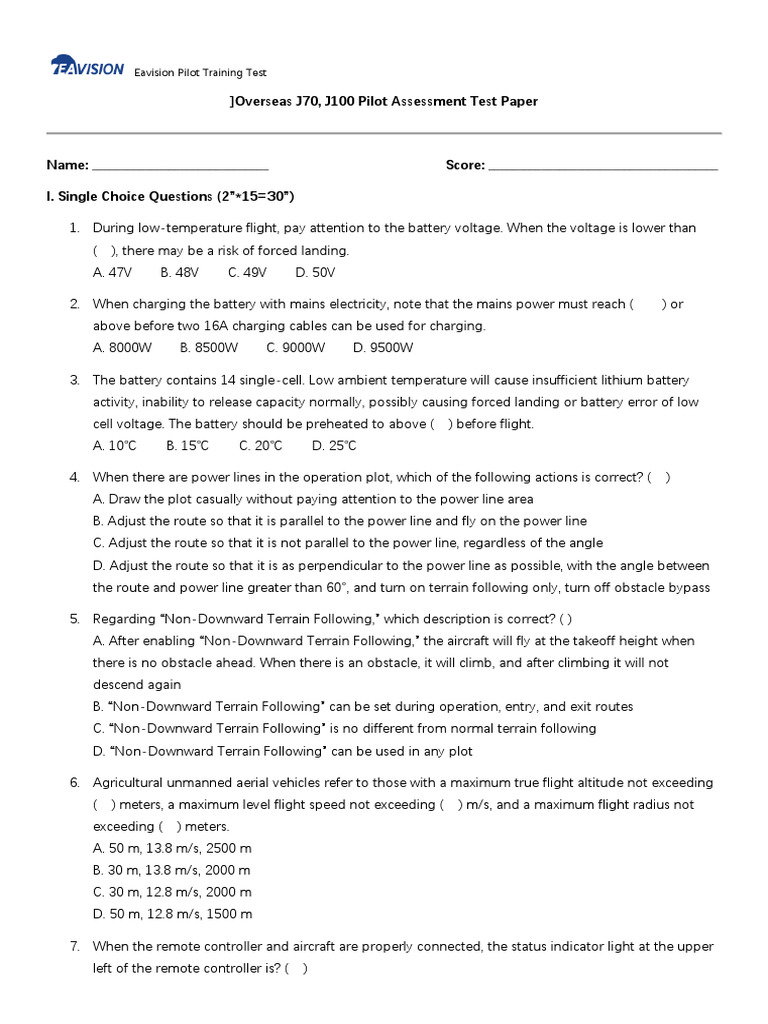 Eavision J70 Pilot Assessment Test | PDF | Unmanned Aerial Vehicle ...