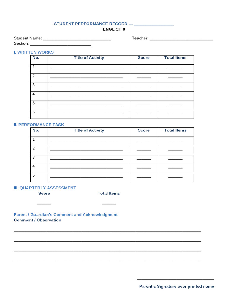 English 8 Student Performance Record | PDF